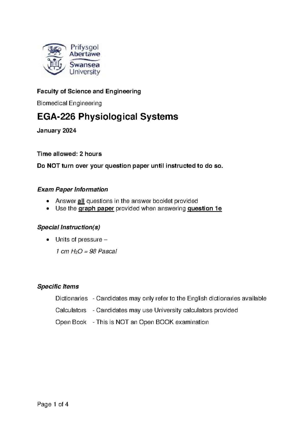 EGA226 Biomedical Engineering Exam Paper - January 2024 - Studocu