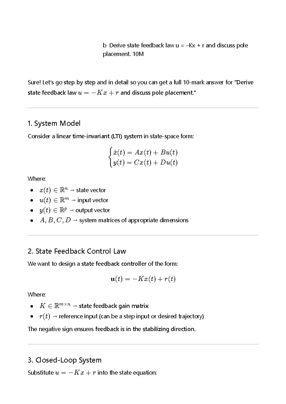 MCT 3-5: State Feedback Law Derivation & Observer Design Q&A - Studocu