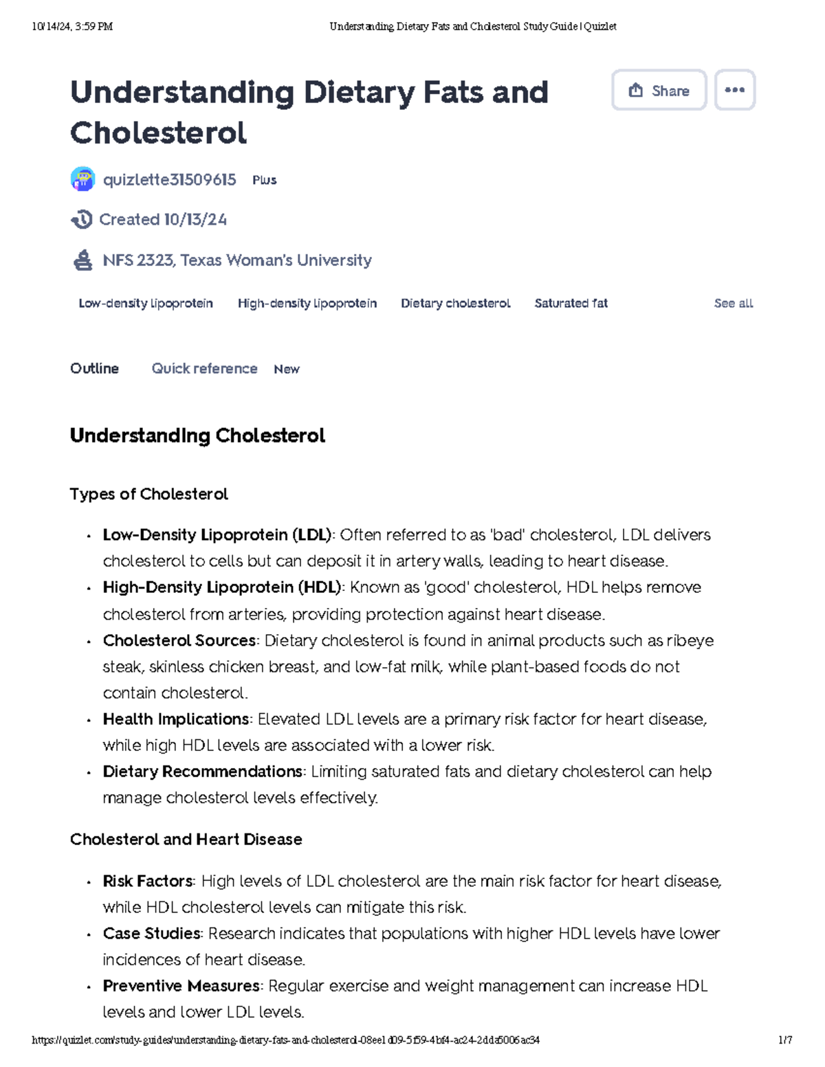 Understanding Dietary Fats & Cholesterol: Quick Reference NFS 2323 ...