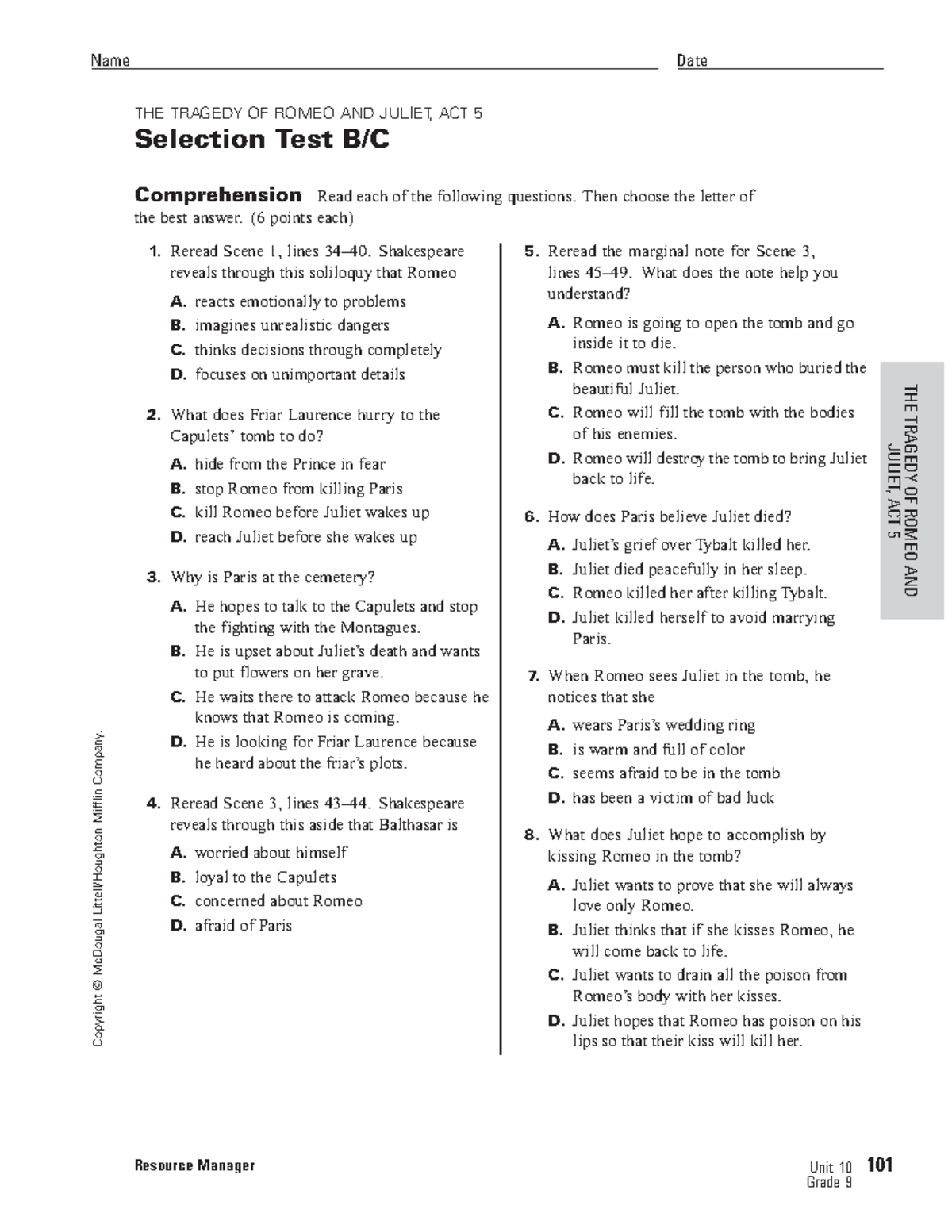 Romeo and Juliet Act 5 Selection Test for Grade 9 - Studocu