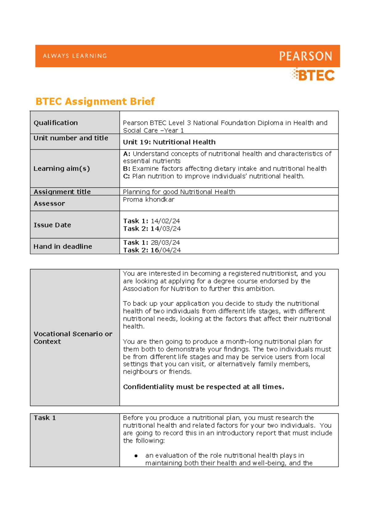 Assignment Brief Unit 19 - BTEC Assignment Brief Qualification Pearson ...