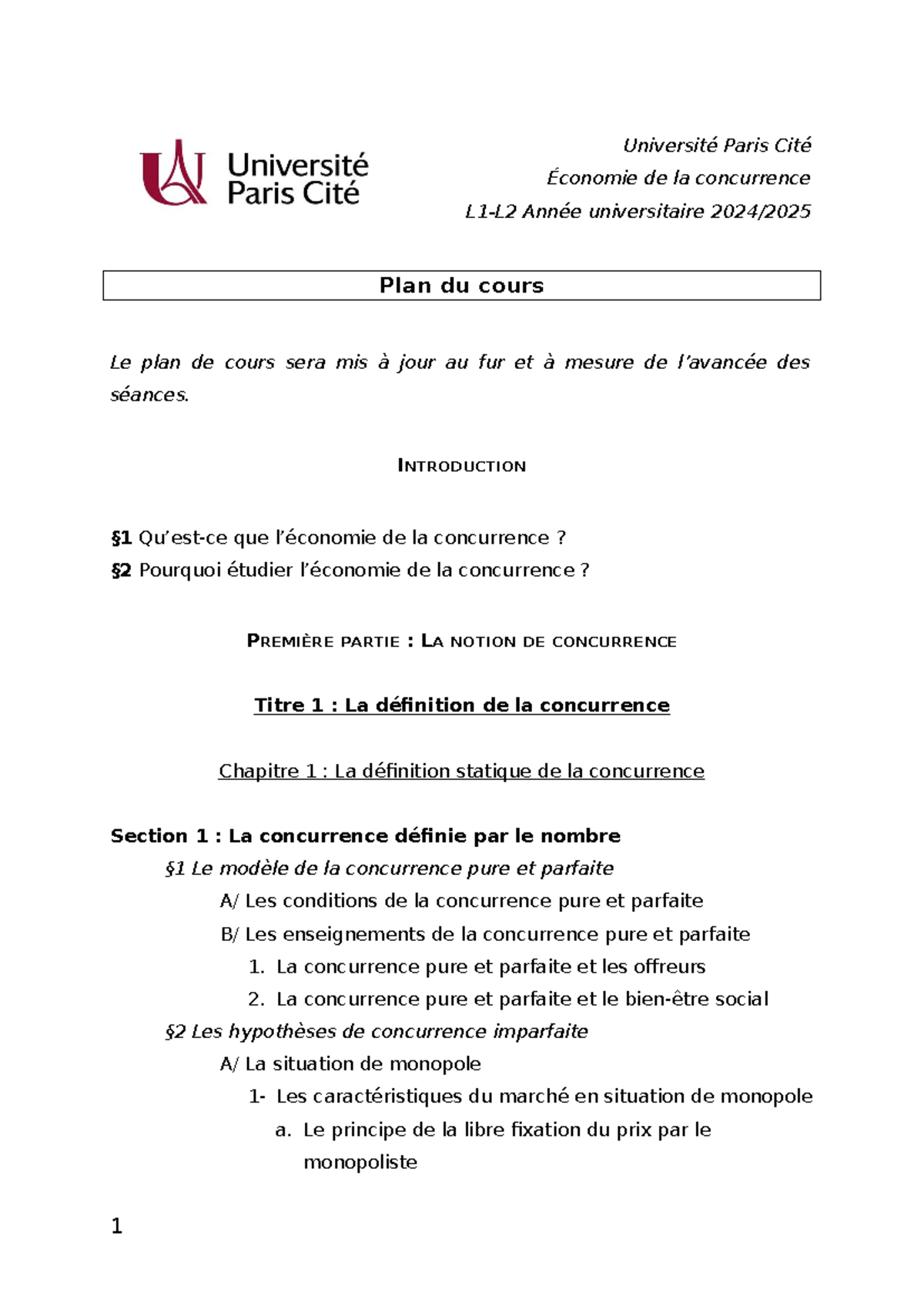 CM L1-L2 - Plan de Cours sur l'Économie de la Concurrence - Studocu