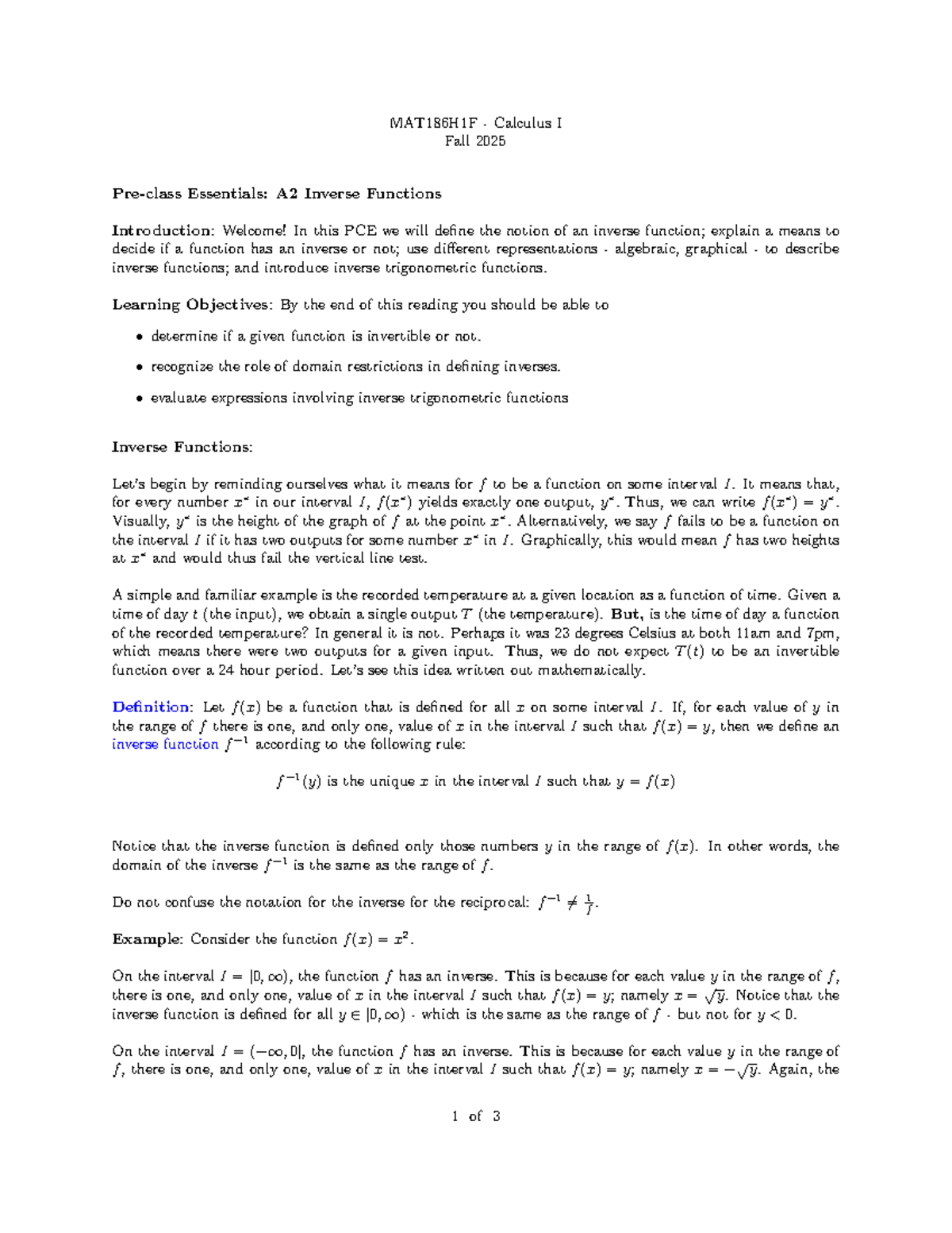 MAT186H1F Calculus I Fall 2025: Inverse Functions Overview - Studocu
