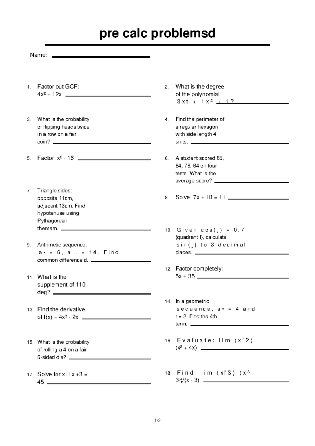 Pre Calc Problems: Practice Questions and Solutions - Studocu