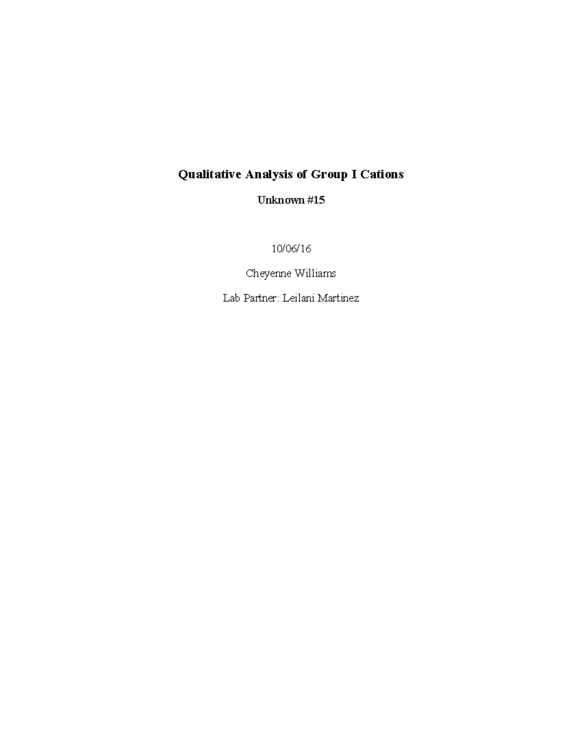 CHE 112-05 Lab 6 - Qualitative Analysis of Group I Cations Report - Studocu