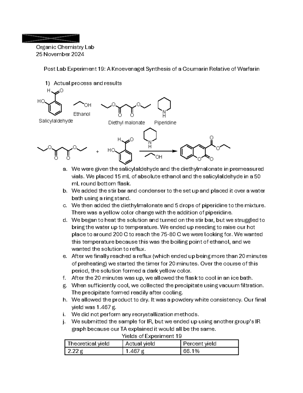 Post lab experiment 19 - This is a post lab for organic chemistry lab ...