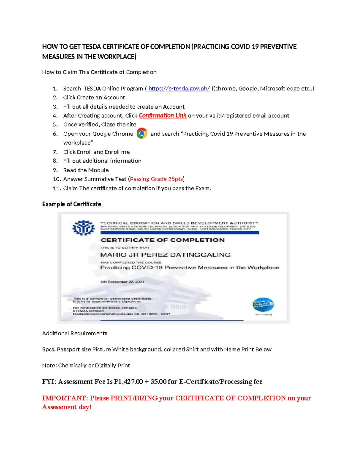 TESDA Certificate of Completion: Practicing COVID-19 Measures Guide ...