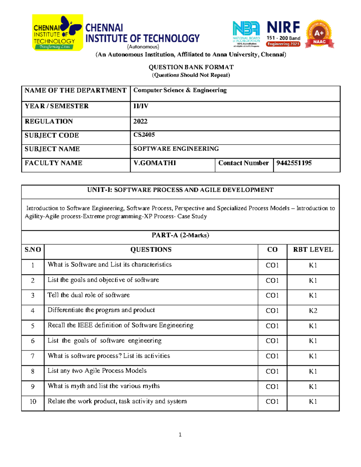 CS - Software Engineering Question Bank for II/IV Semester - Studocu