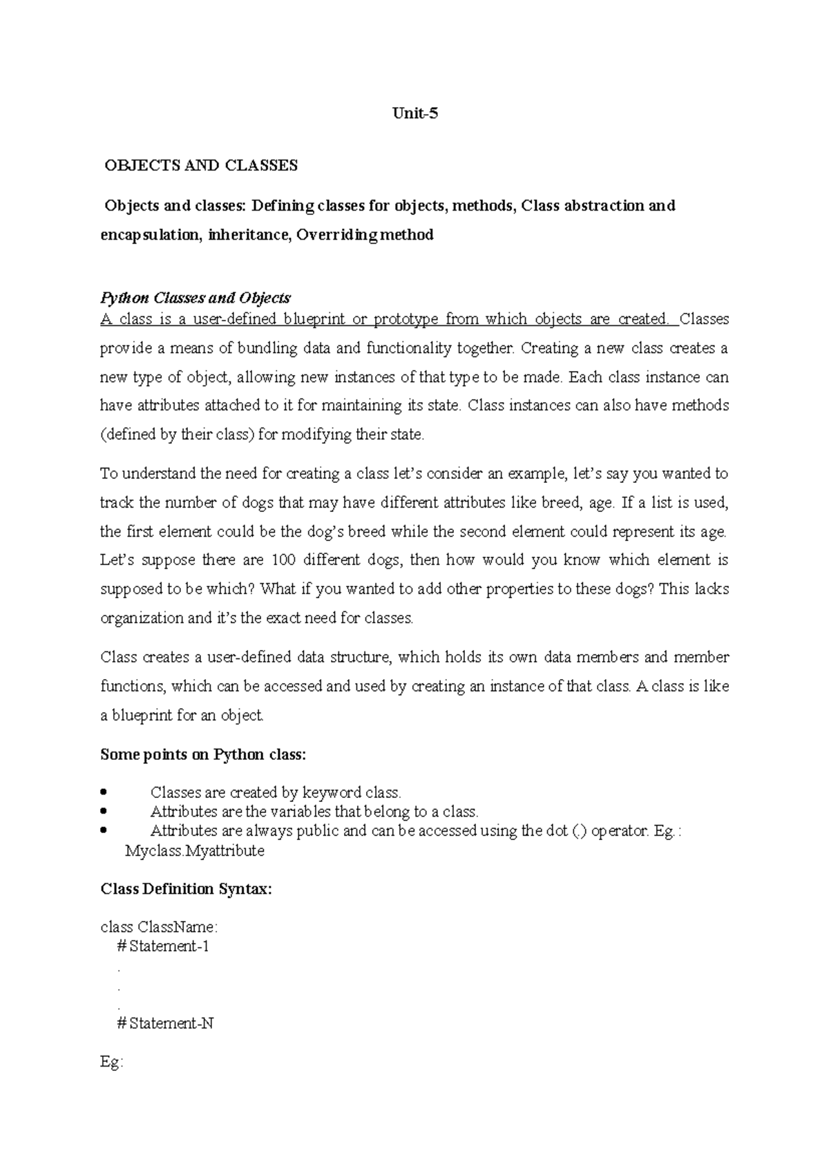 Python Unit 5 - Objects, Classes, Inheritance & Method Overriding Notes ...