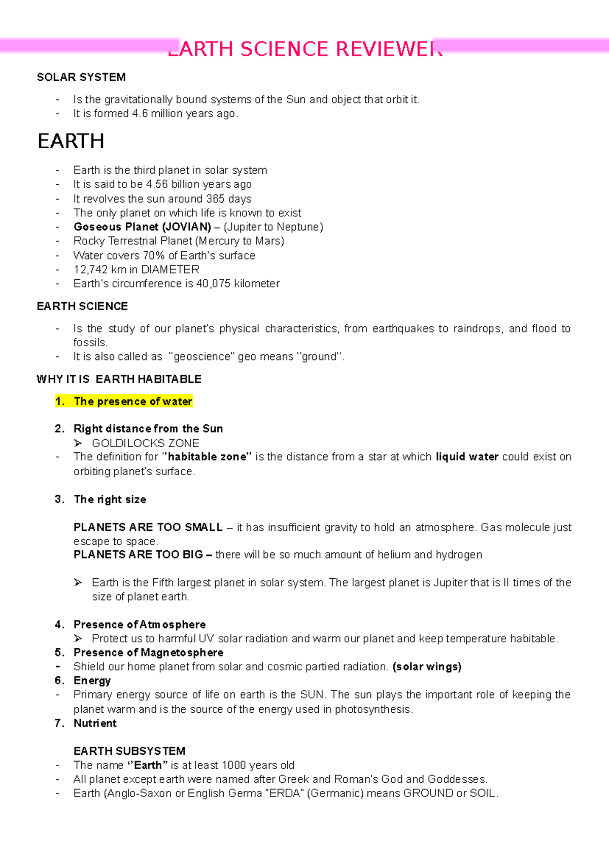 Earth- Science - this is just a notes/reviewer - EARTH SCIENCE REVIEWER ...