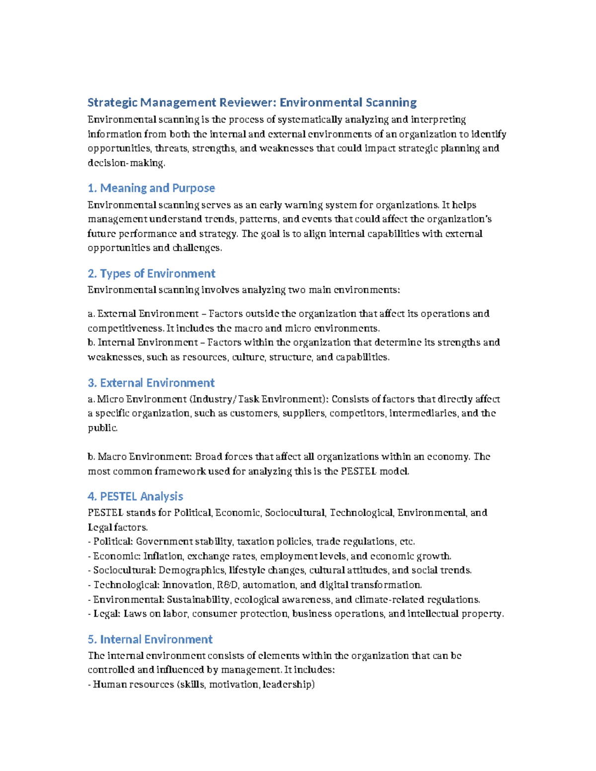 Strategic Management (SM 101) Final Exam Reviewer: Environmental ...