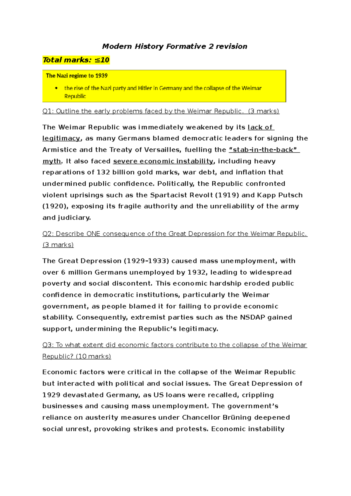 Modern History Formative 2: Weimar Republic Challenges & Nazi Rise ...
