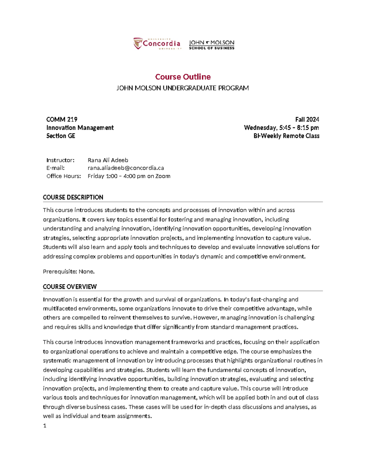 COMM219 Innovation Management Course Outline F2024 GE Section - Studocu