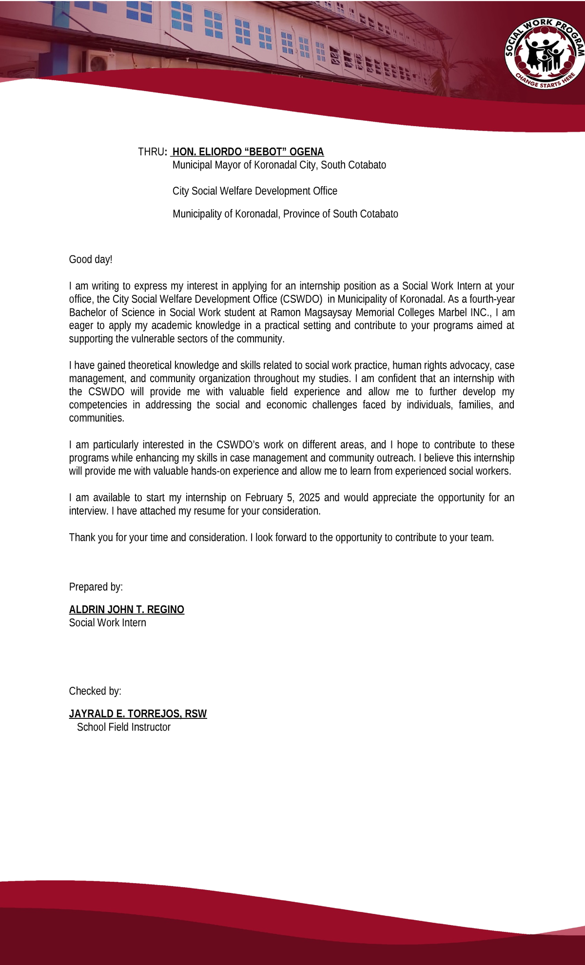 APPLICATION LETTER FOR SOCIAL WORK INTERNSHIP (BS Social Work) - Studocu