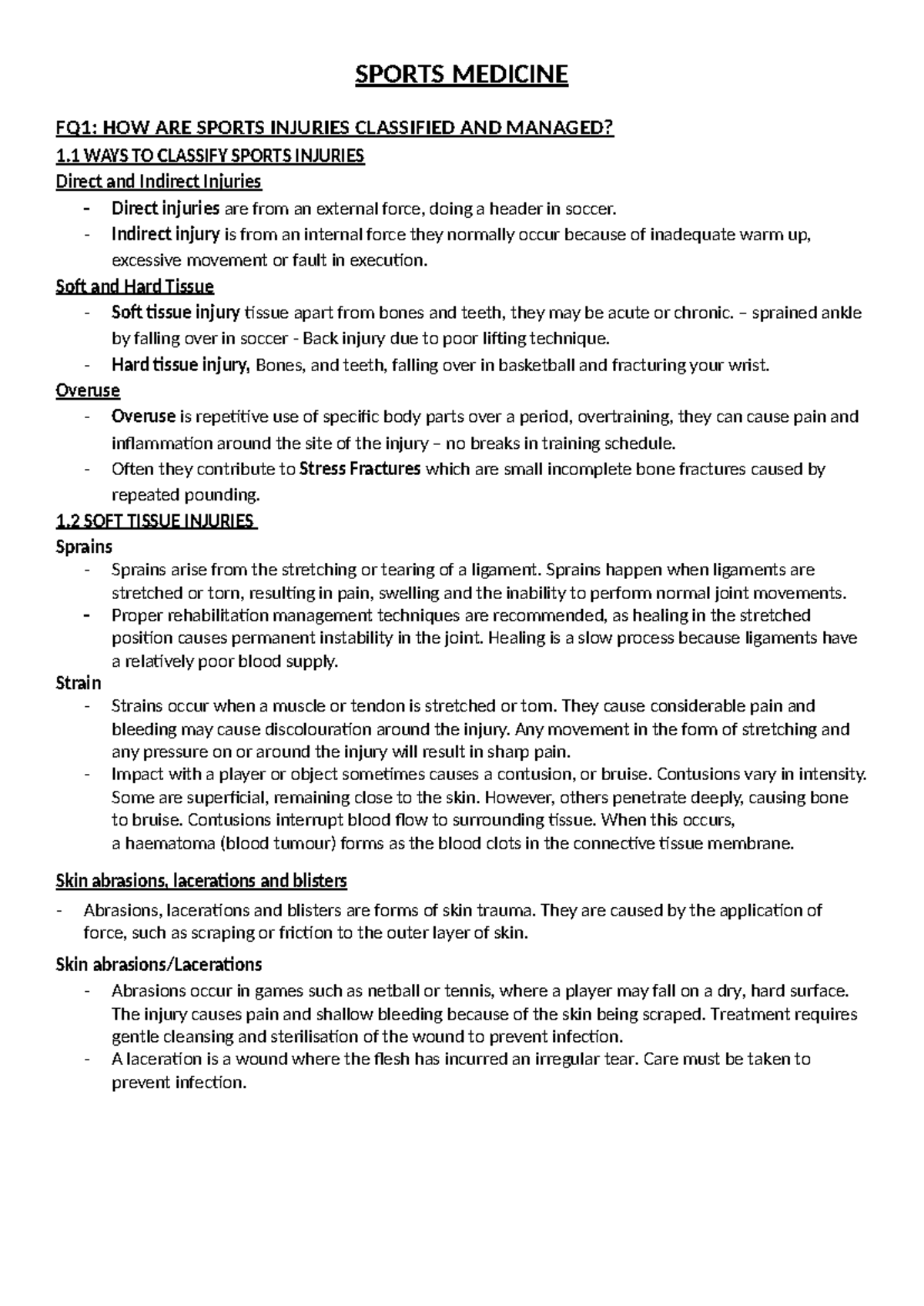 Sports Medicine Notes: Classification & Management of Injuries - Studocu