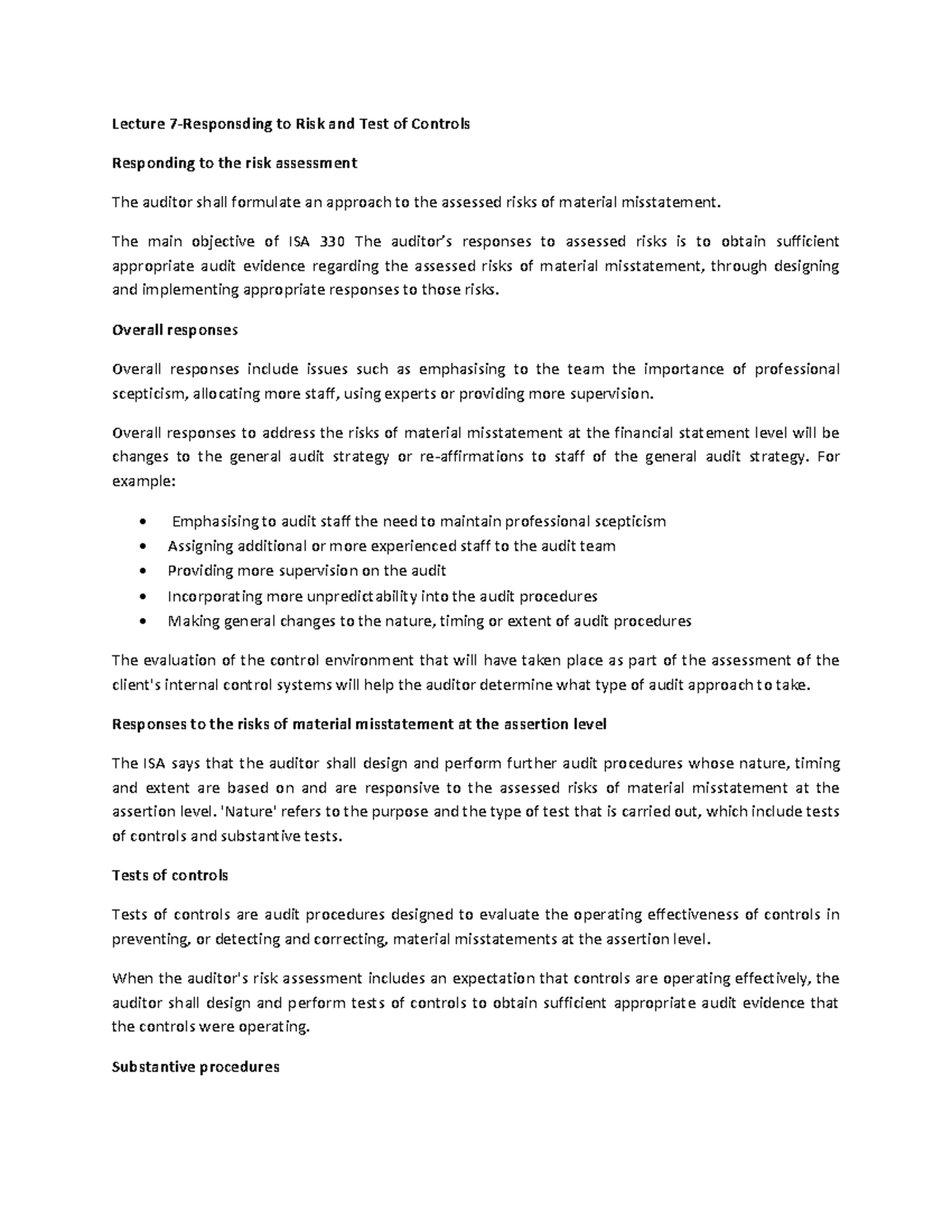 515265490 Lecture 7 Internal Control Assertions Lecture 7 Responsding To Risk And Test Of