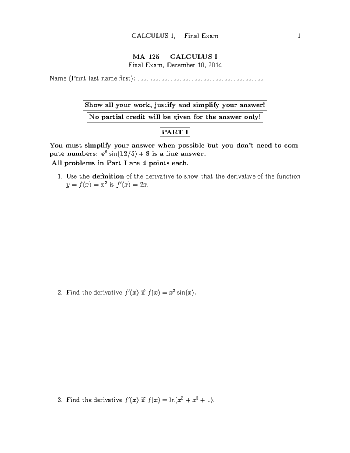 14 Fall Final Exam - Exam paper - Final Exam, December 10, 2014 MA 125 ...