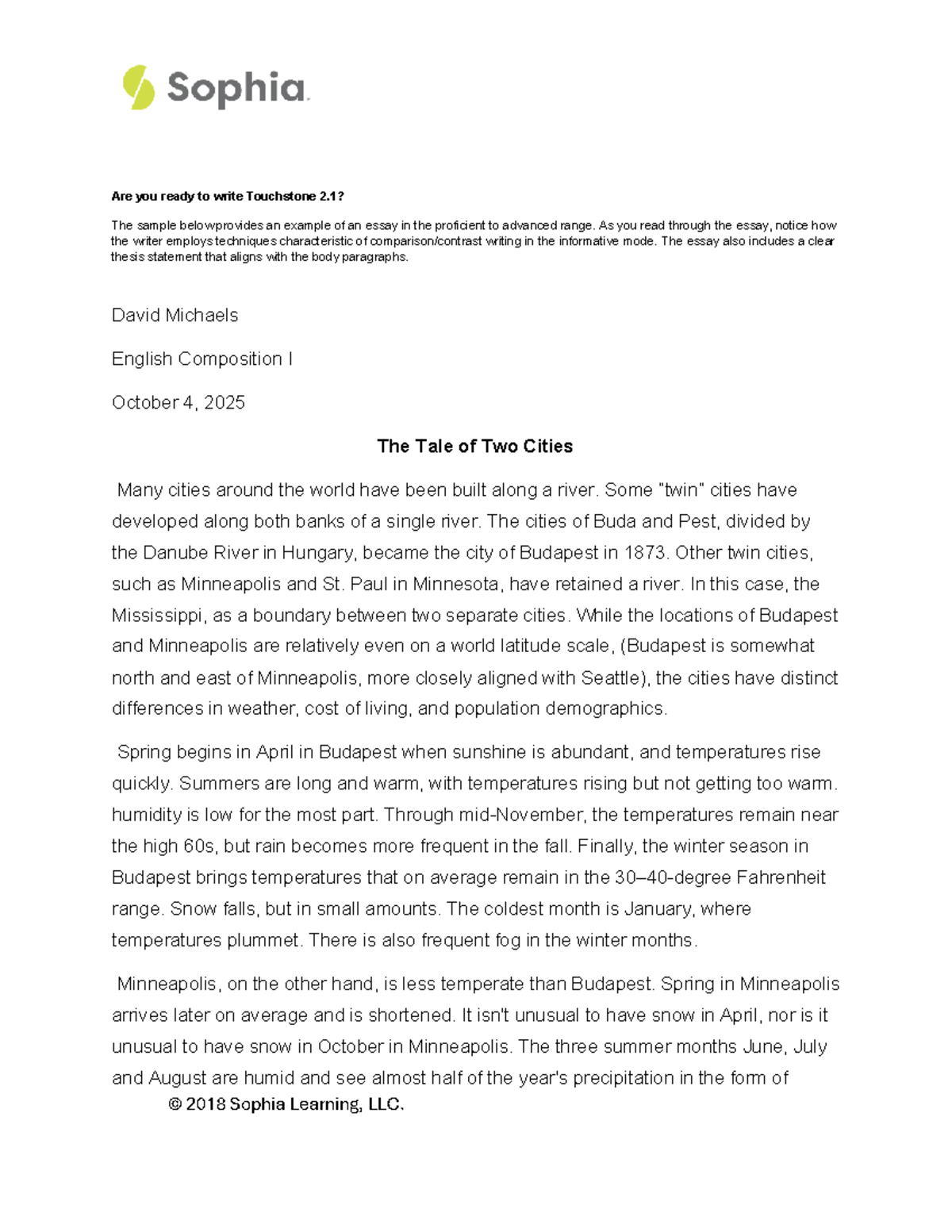 EC1 Touchstone 2.1 Essay Sample: A Comparative Analysis of Cities - Studocu