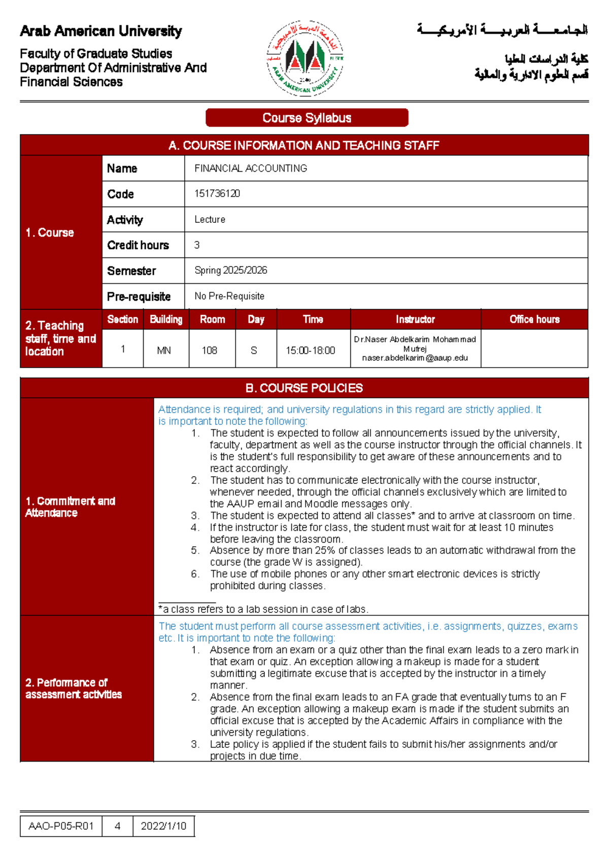 Syllabus for Financial Accounting (151736120) - Spring Semester - Studocu