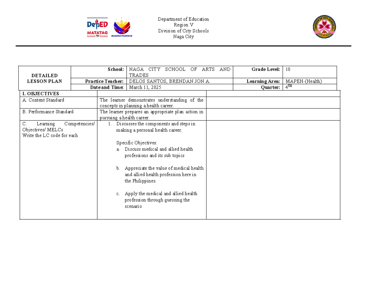 Health FOR Grade 10 - medical allied - Department of Education Region V ...