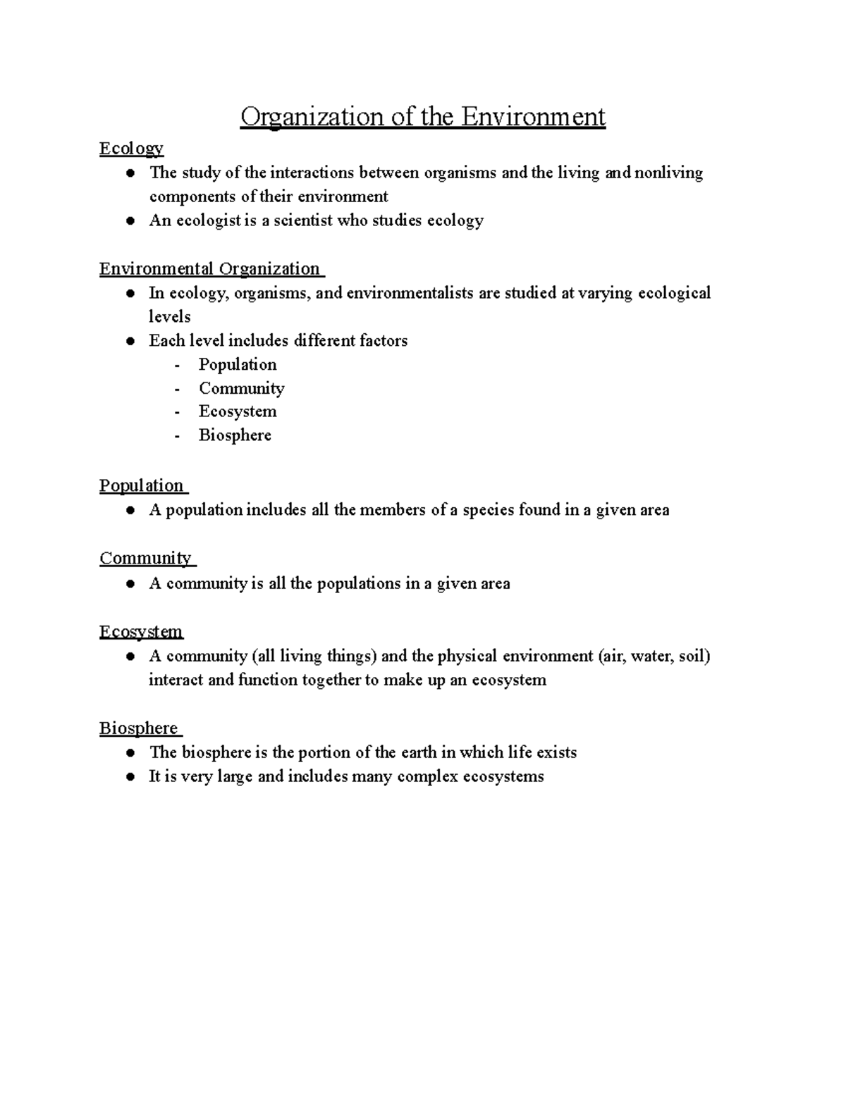 Ecology 101: Organization of the Environment Overview - Studocu