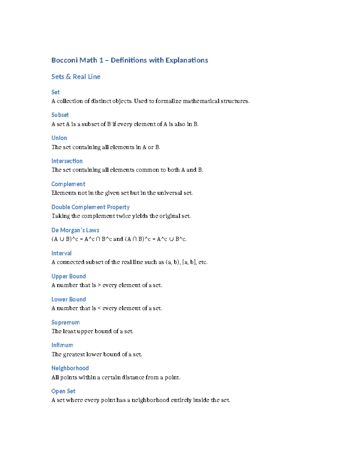 Bocconi Math 1: Key Definitions and Explanations for Sets and Functions ...