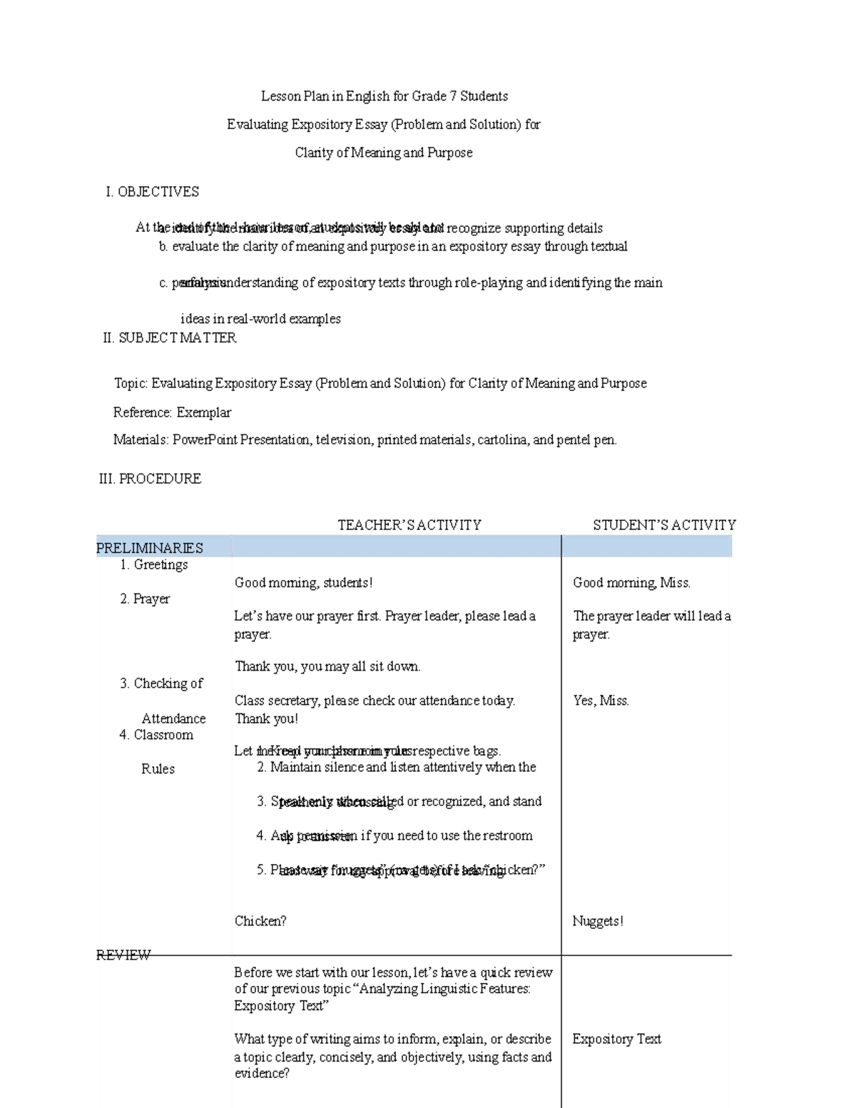 Lesson Plan: Evaluating Expository Essays (Grade 7) for Clarity - Studocu