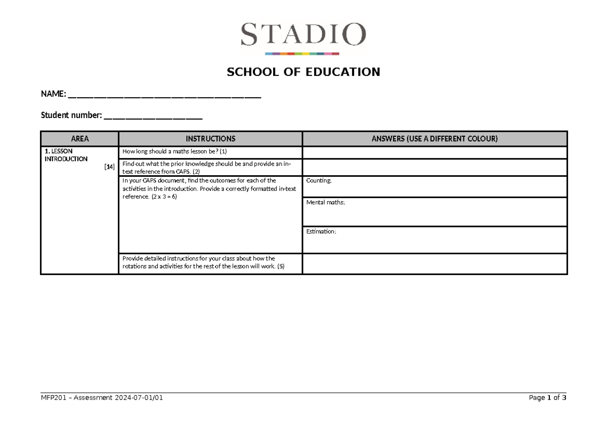 MFP201 Lesson Plan Template for Teaching Maths - SS1 2024 - Studocu