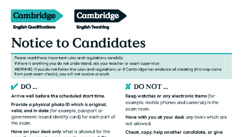 Summary Regulations for Cambridge English Exams (2025) - Studocu