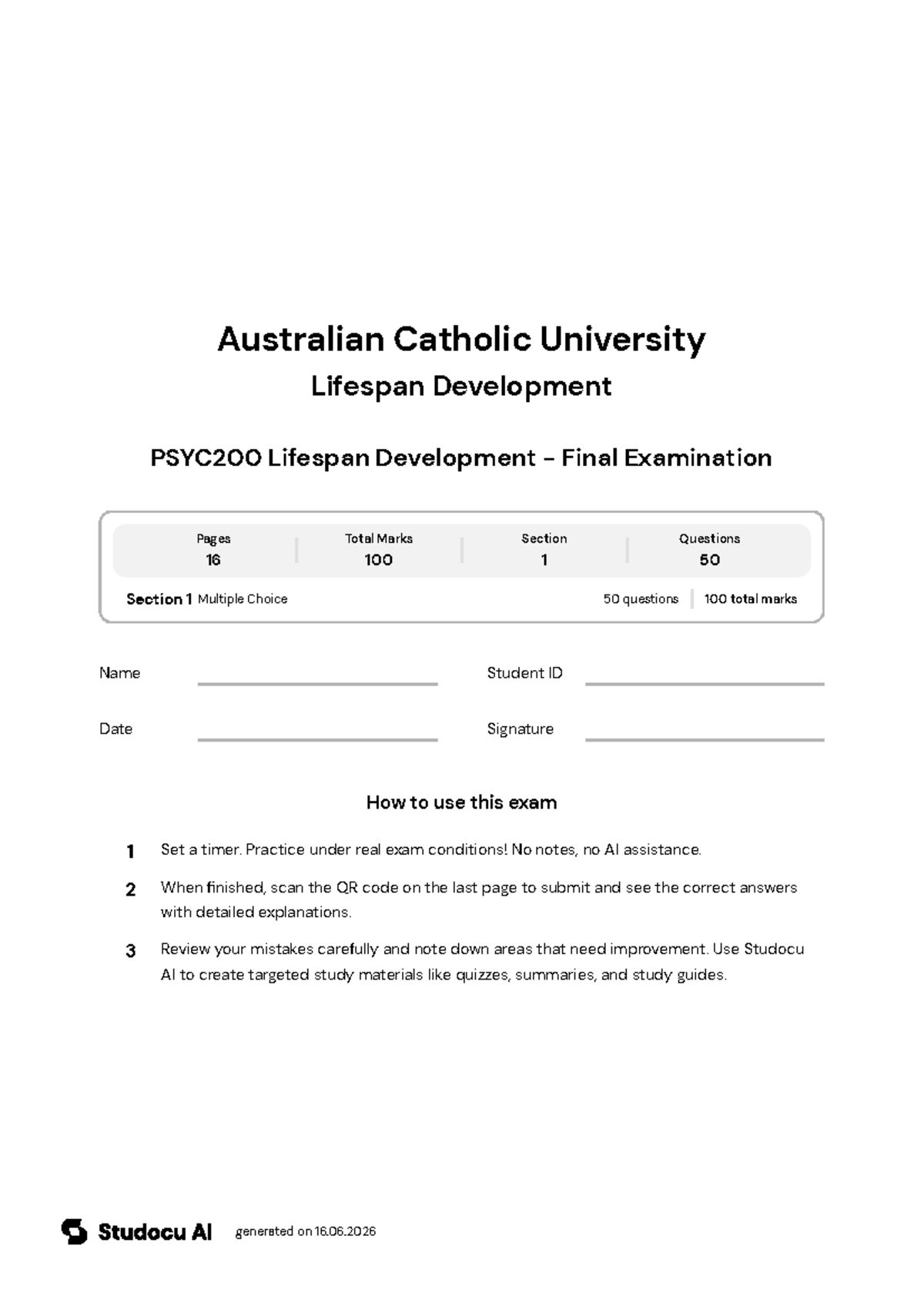 PSYC200 Lifespan Development - Final Exam - Studocu