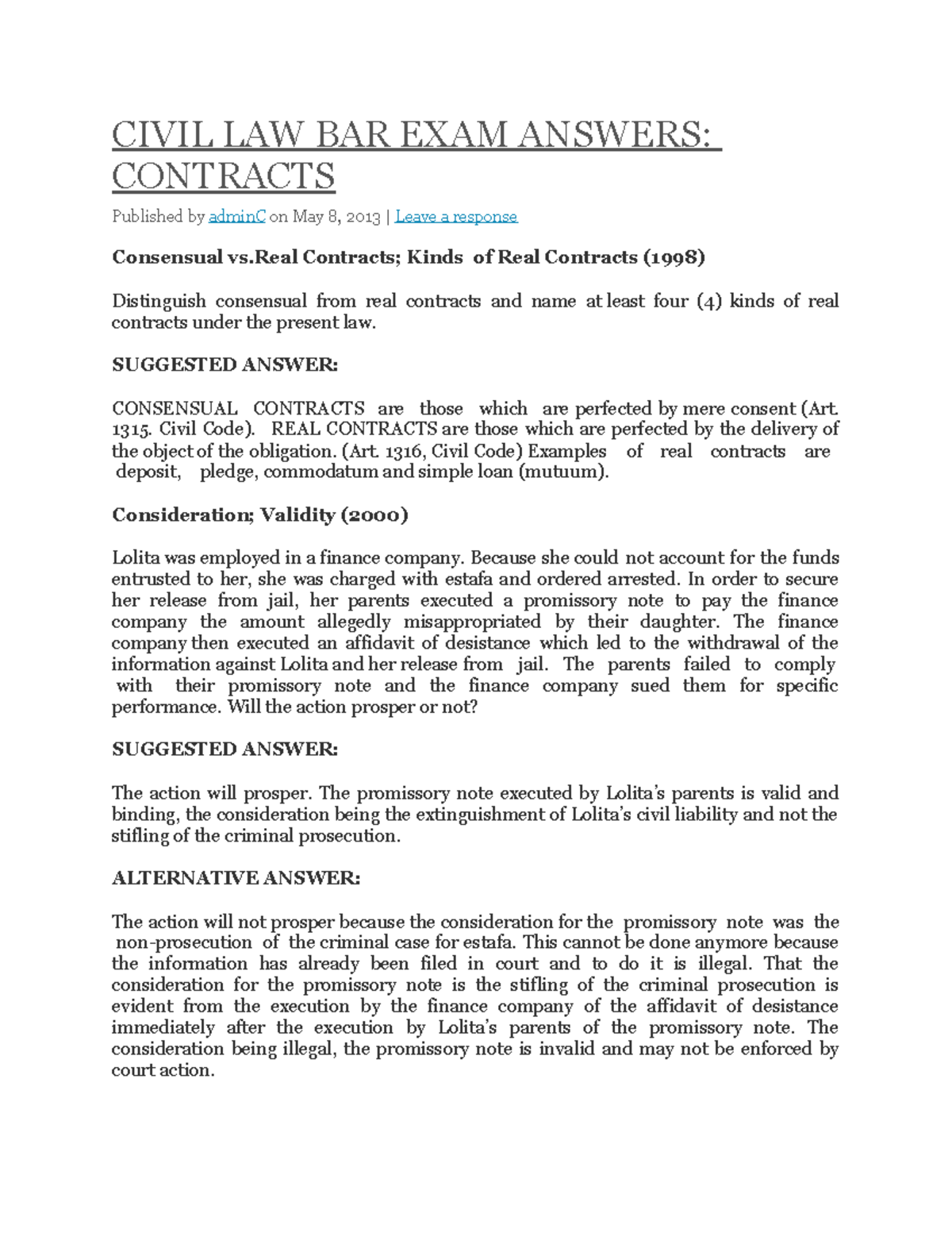 Civil LAW BAR EXAM: Contract Law Answers and Analysis - Studocu