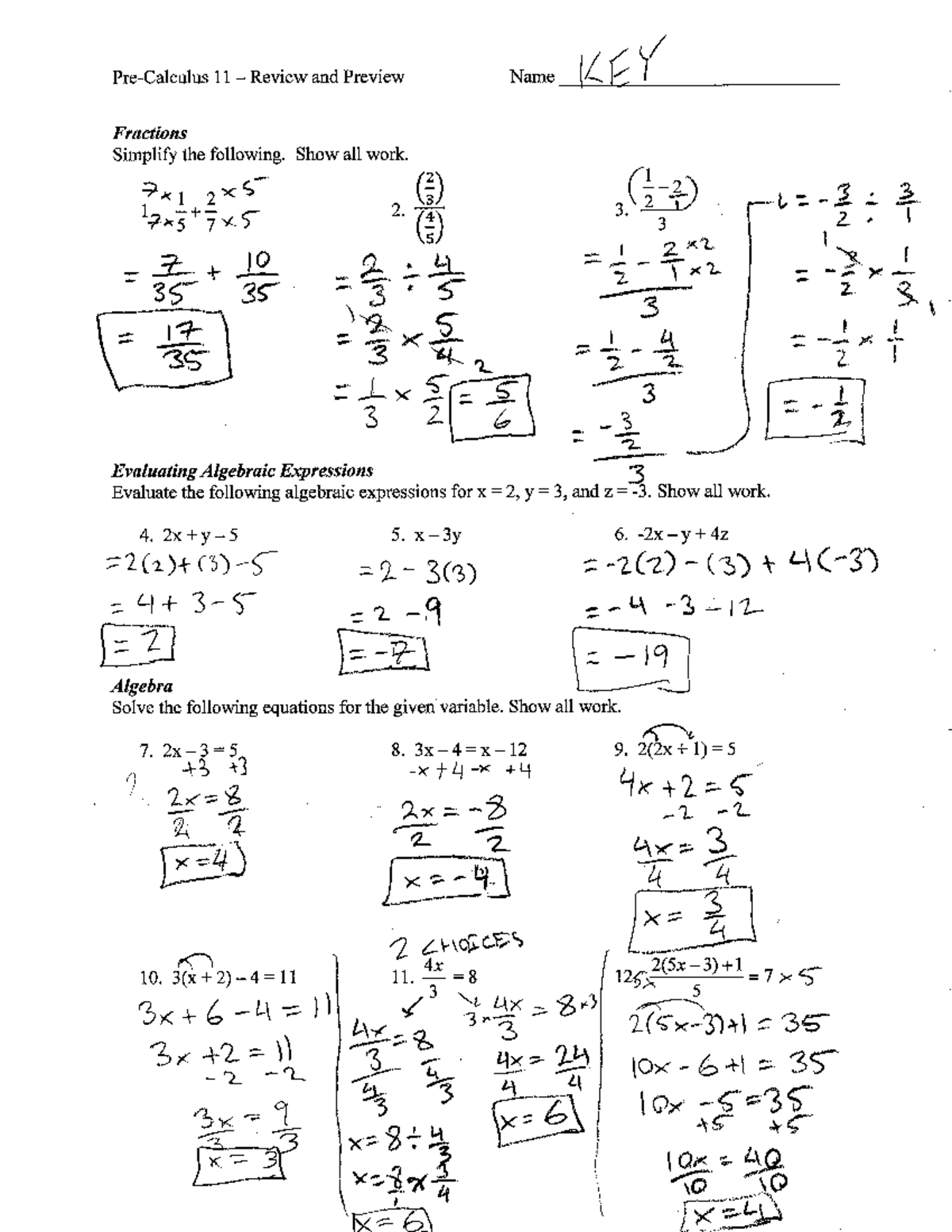 Chapter 1 Review and Preview KEY: Fractions & Algebraic Expressions ...