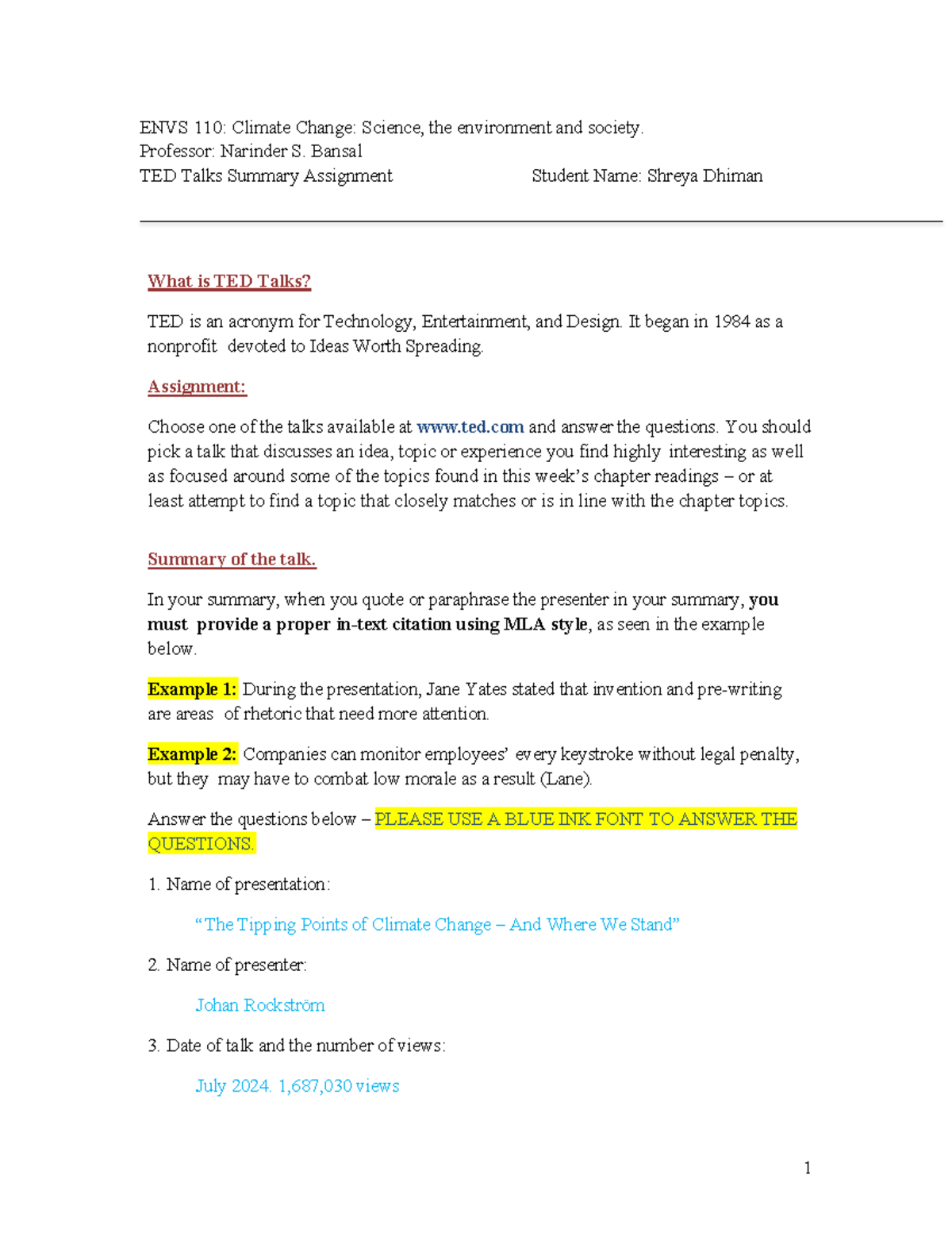 Ted Talk 1 - Course work assignments - ENVS 110: Climate Change ...
