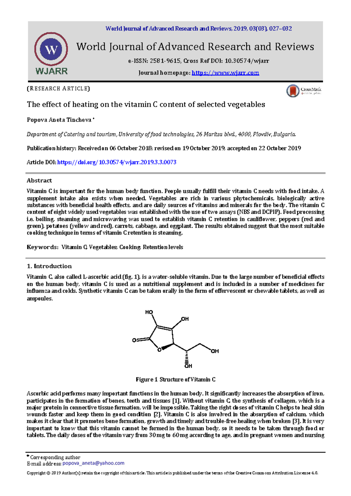The Effect of Heating on Vitamin C Retention in Vegetables (WJARR 2019 ...
