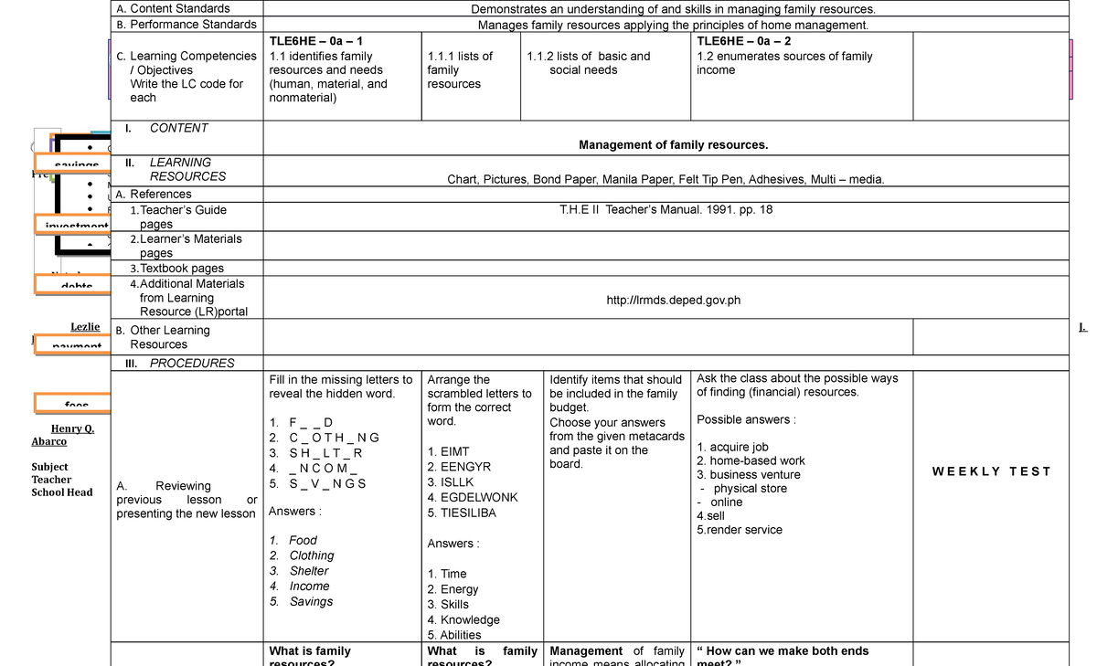 TLE 6 - WEEK 1 DAILY LESSON LOG | TLE HOME ECONOMICS - Studocu