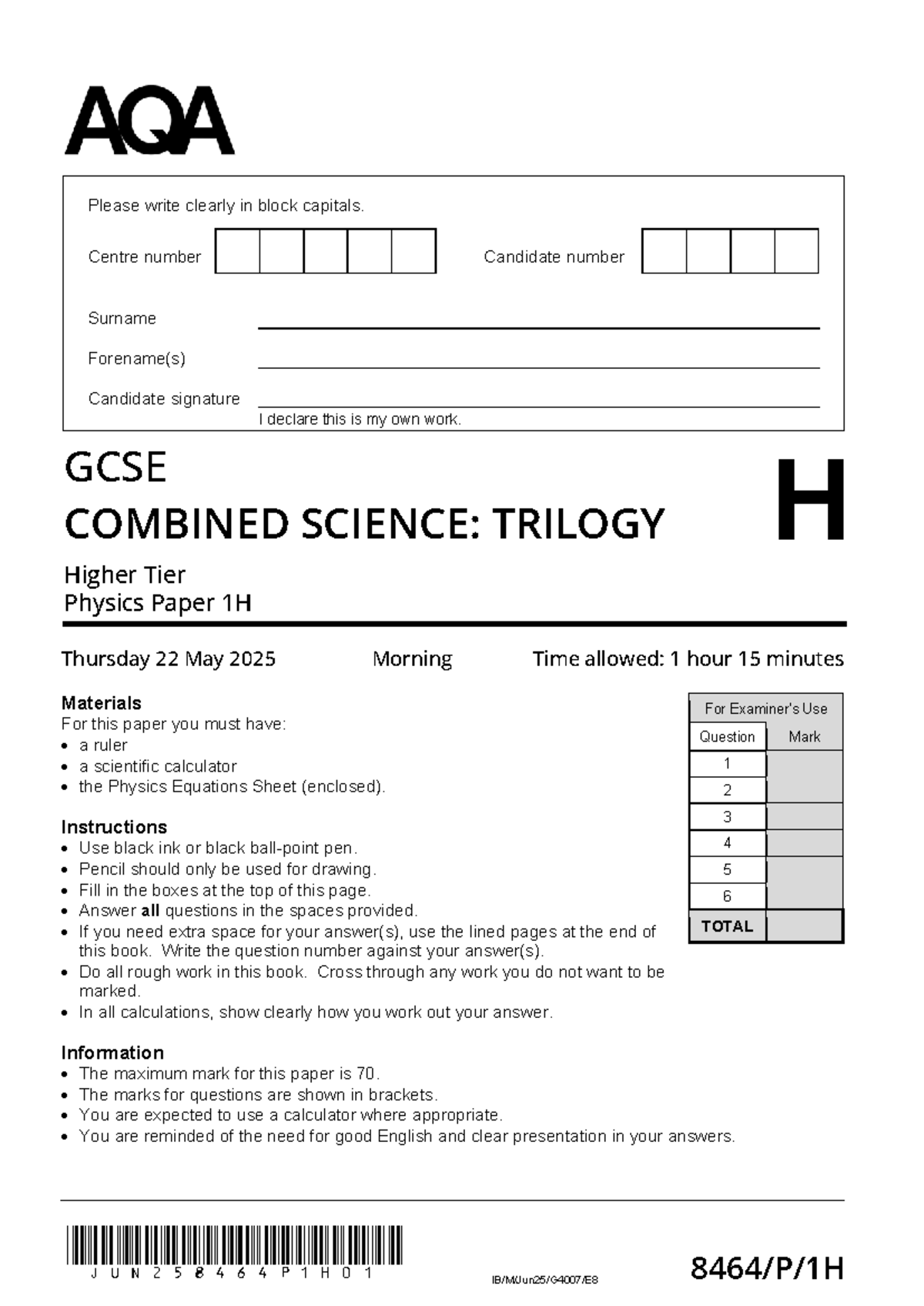 GCSE COMBINED SCIENCE: TRILOGY Higher Tier Physics Paper 1H - 22 May ...