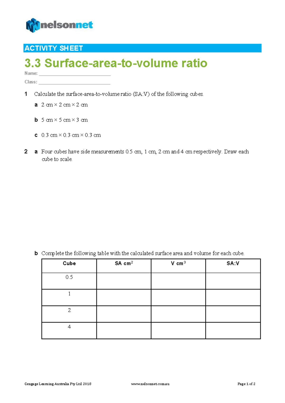 ACTIVITY SHEET 3.3: Surface Area to Volume Ratio Worksheet - Studocu