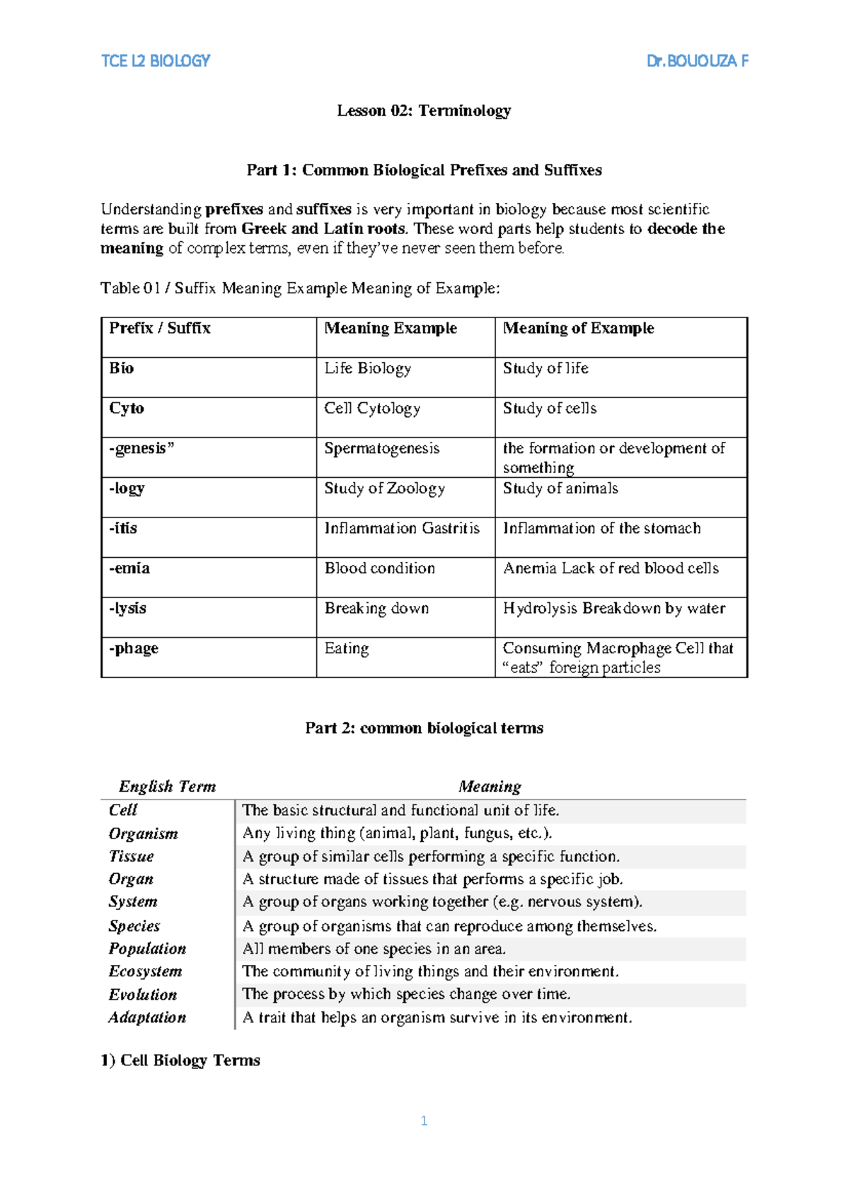 TCE L2 BIOLOGY Dr.BOUOUZA F Lesson 02: Key Biological Terms and ...
