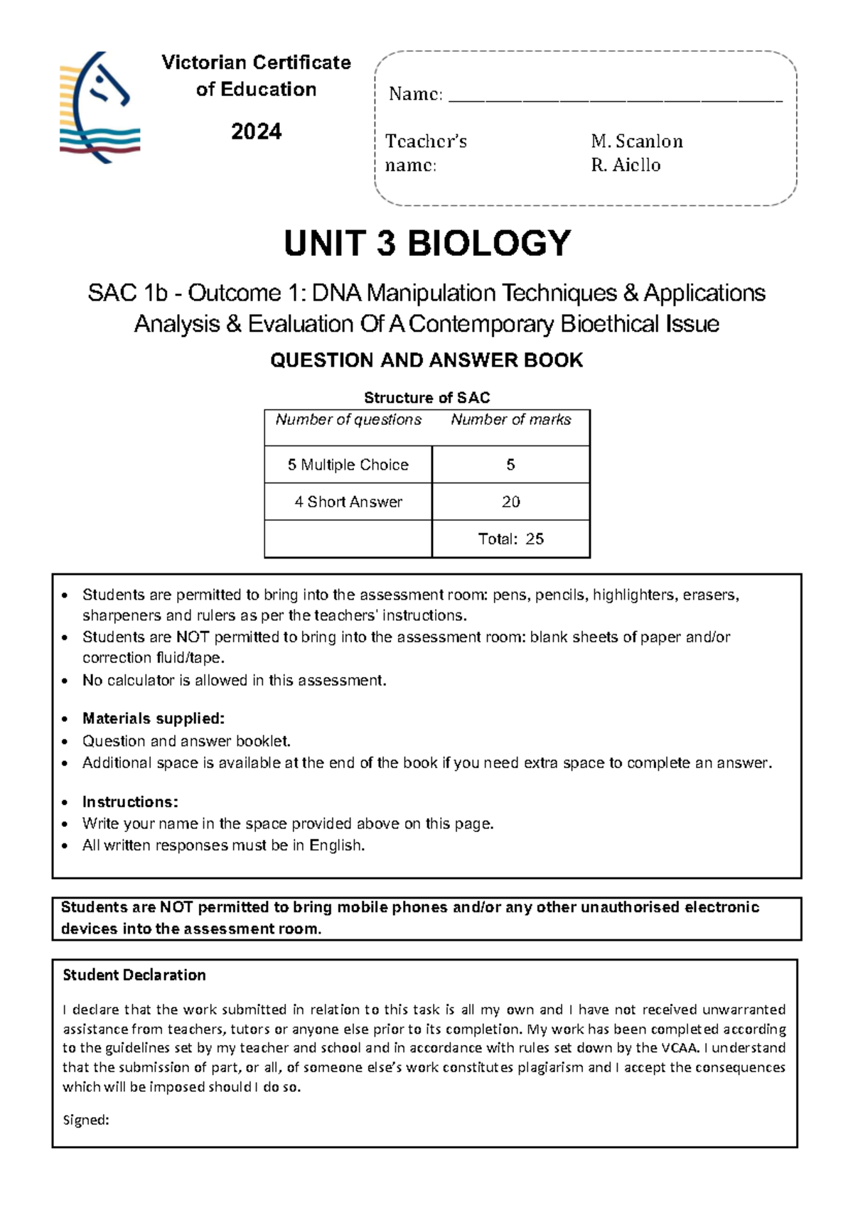 U3 Biology Outcome 1 SAC 1b: DNA Manipulation & Bioethics Analysis ...
