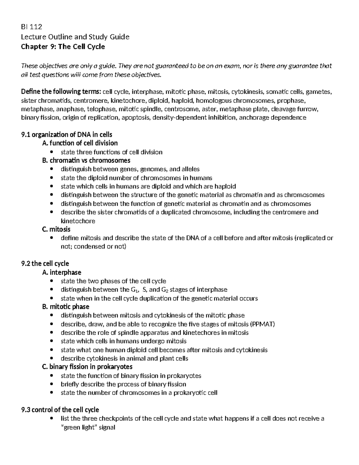 BI 112 Lecture Outline: Study Guide for Chapter 9 - The Cell Cycle - BI ...