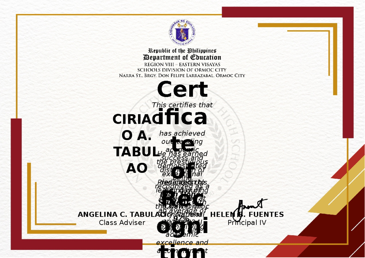 Honors Certificate 3rd Quarter - Cert ifica te of Rec ogni This ...