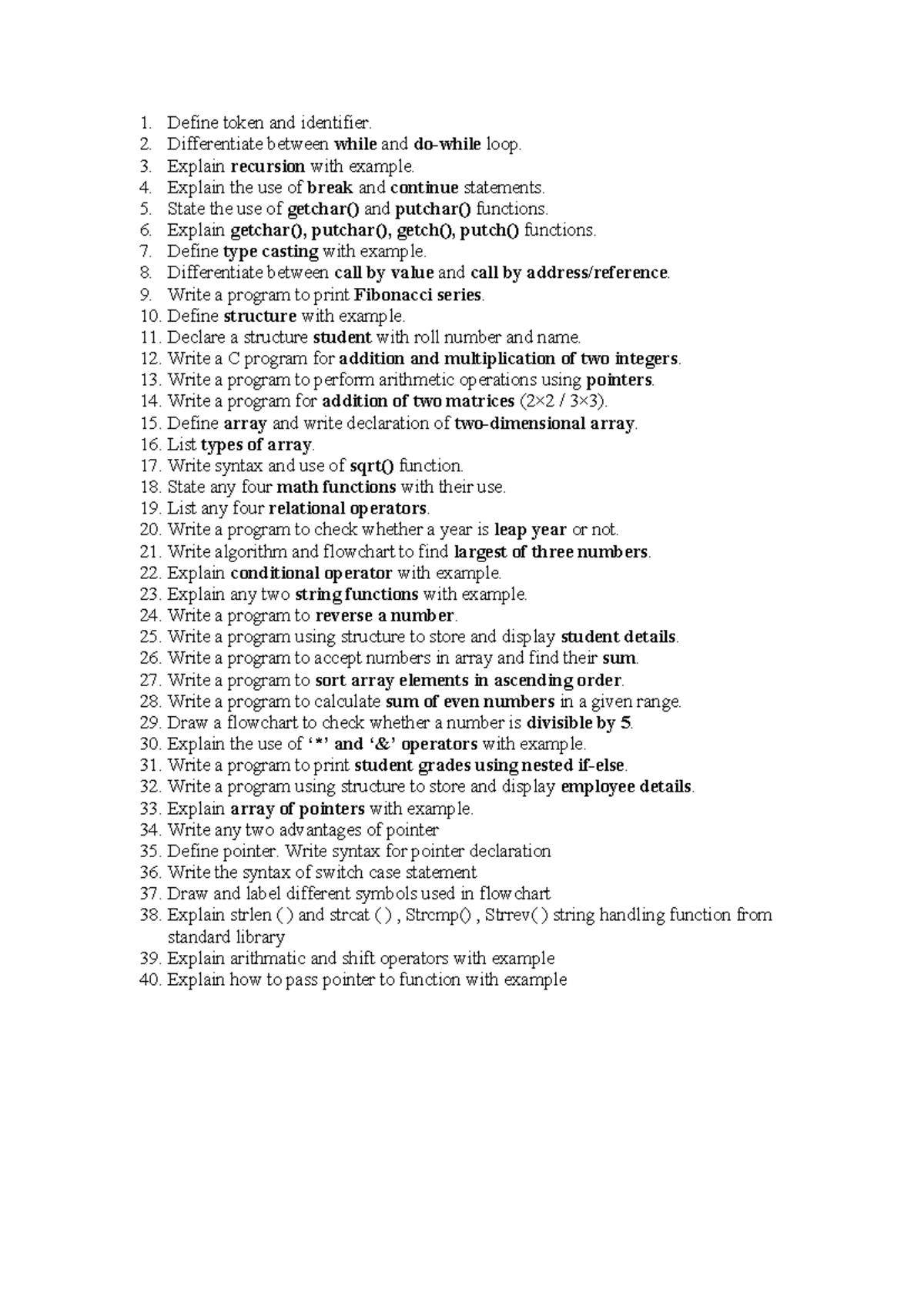 Msbte C Programming Repeat Questions: Concepts & Programs - Studocu