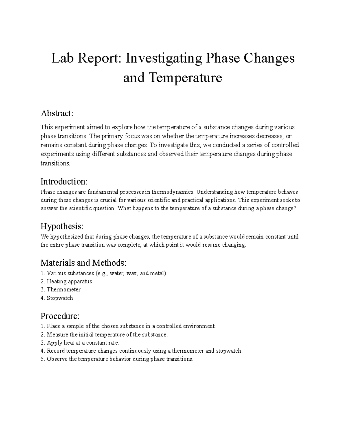 Lab Report: Study of Phase Changes and Temperature Variations - Studocu