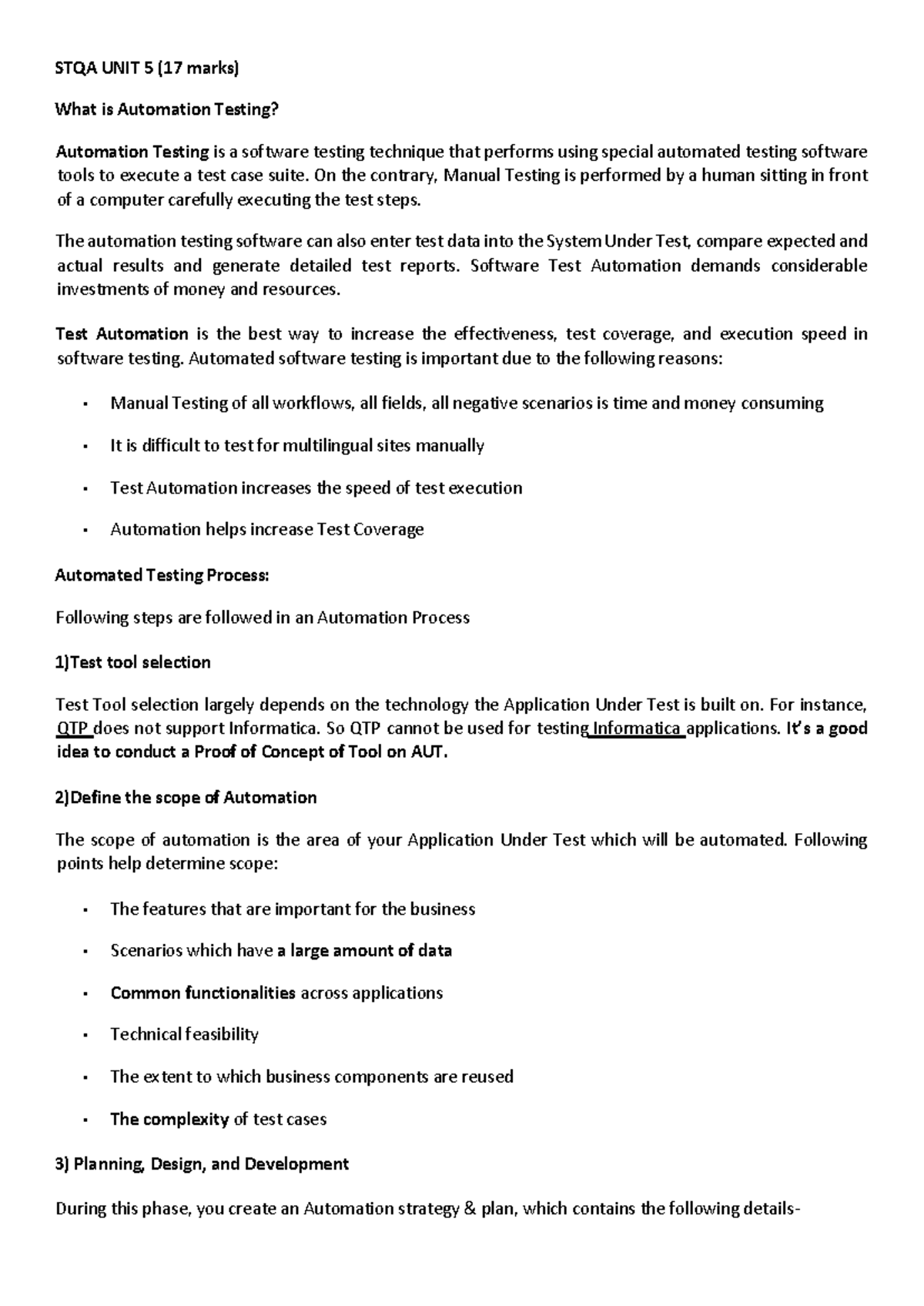 STQA UNIT 5 notes - STQA UNIT 5 (17 marks) What is Automation Testing ...
