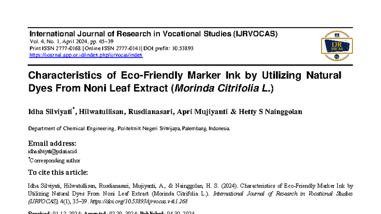 Characteristics of Marker Ink Using Noni Leaf Extract (IJRVOCAS Vol. 4 ...