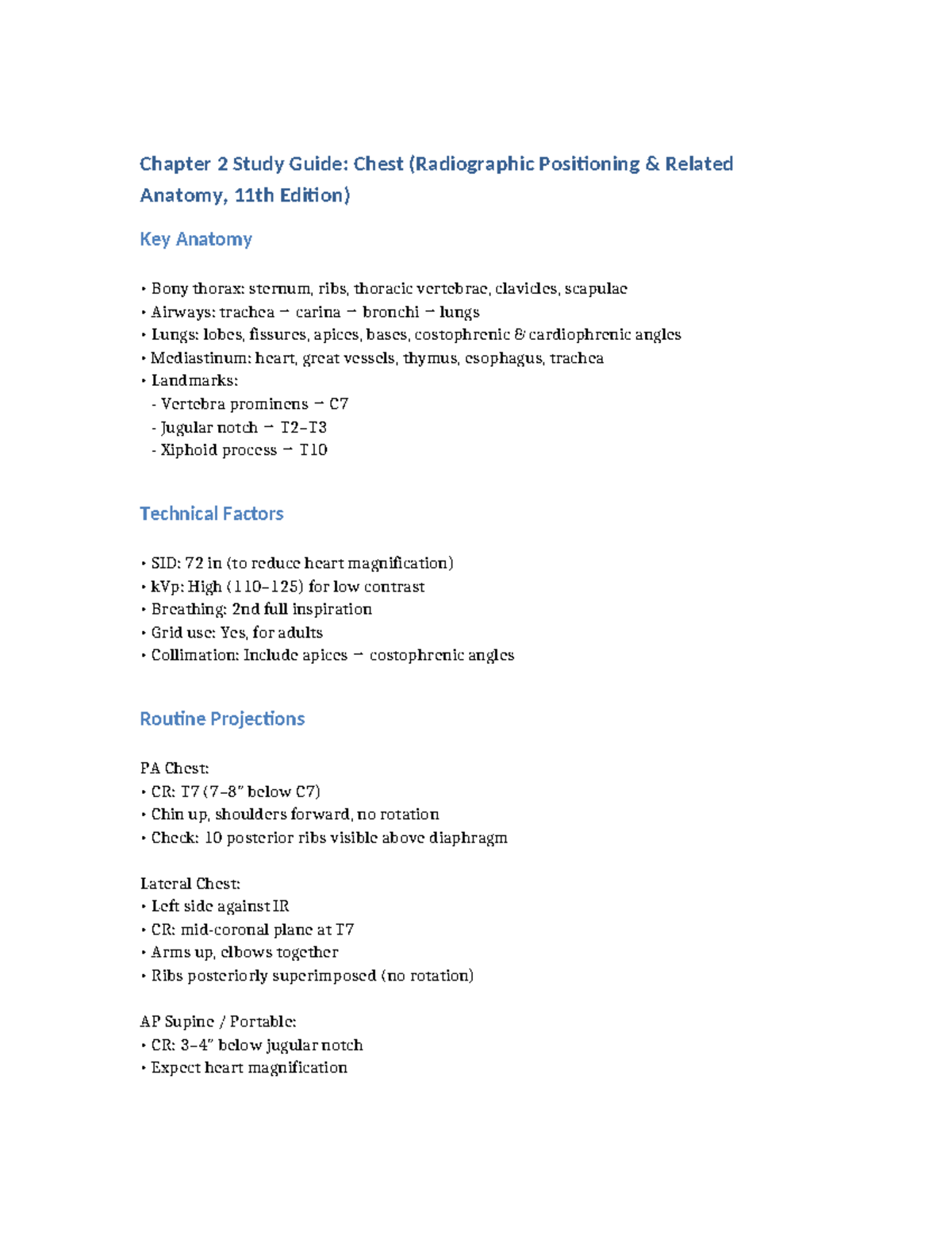 Chapter 2 Study Guide: Radiographic Positioning of Chest Anatomy - Studocu