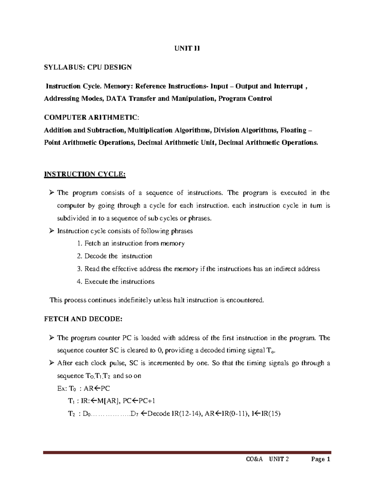 CAO-UNIT II: Detailed Overview of CPU Design and Instruction Cycle ...