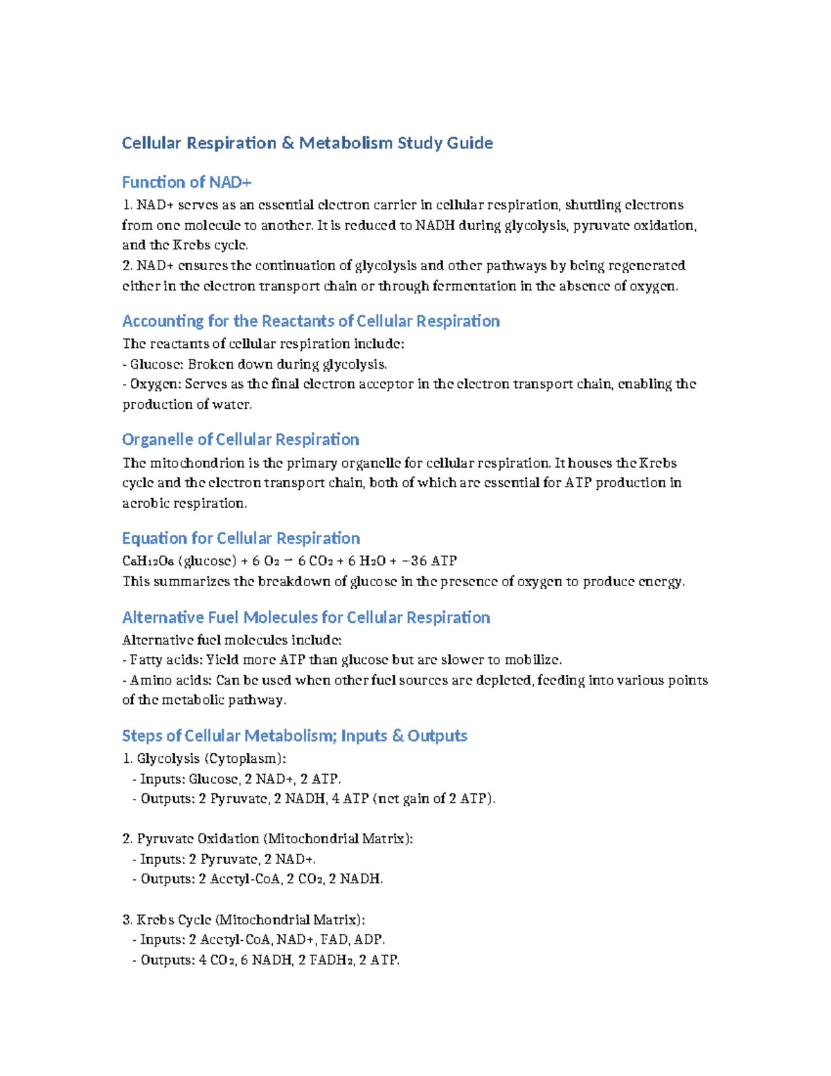 Cellular Respiration Study Guide - Cellular Respiration & Metabolism ...
