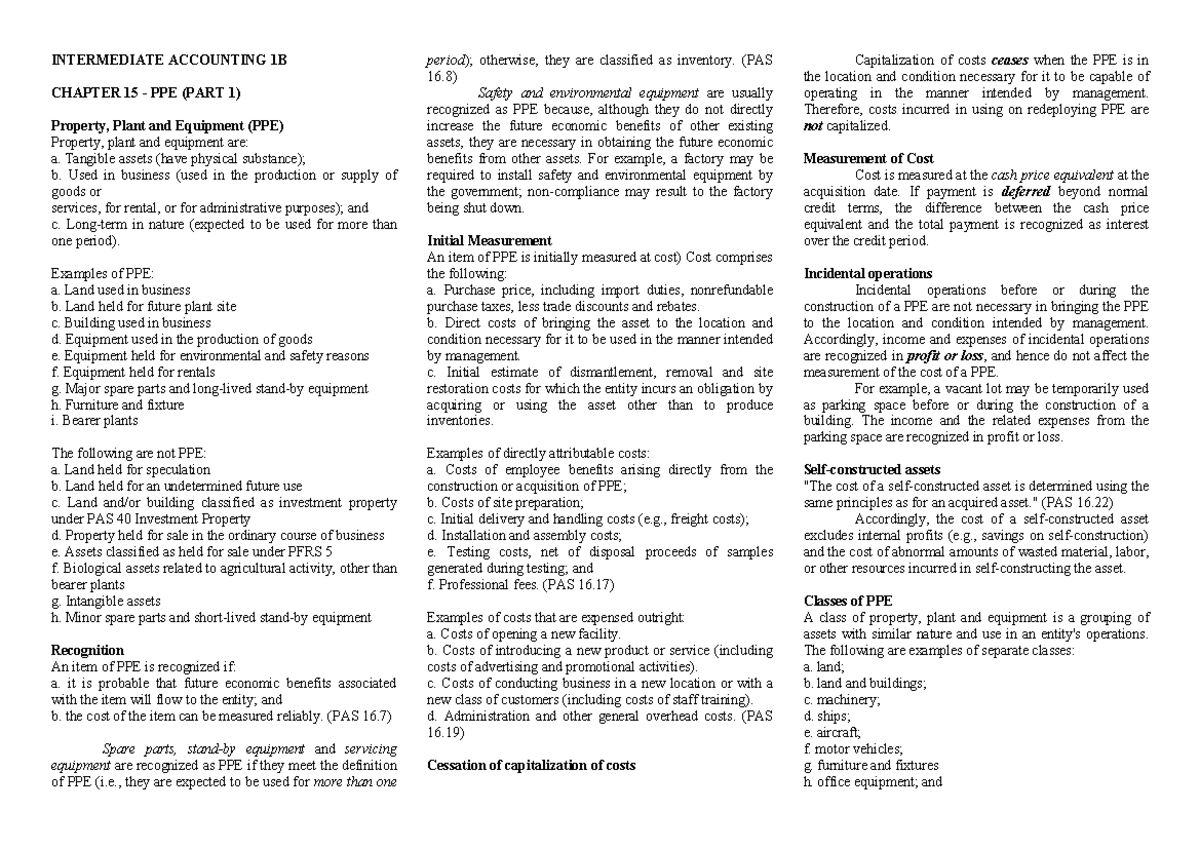 INTACC 1B - PPE Overview: Key Concepts and Classifications - Studocu