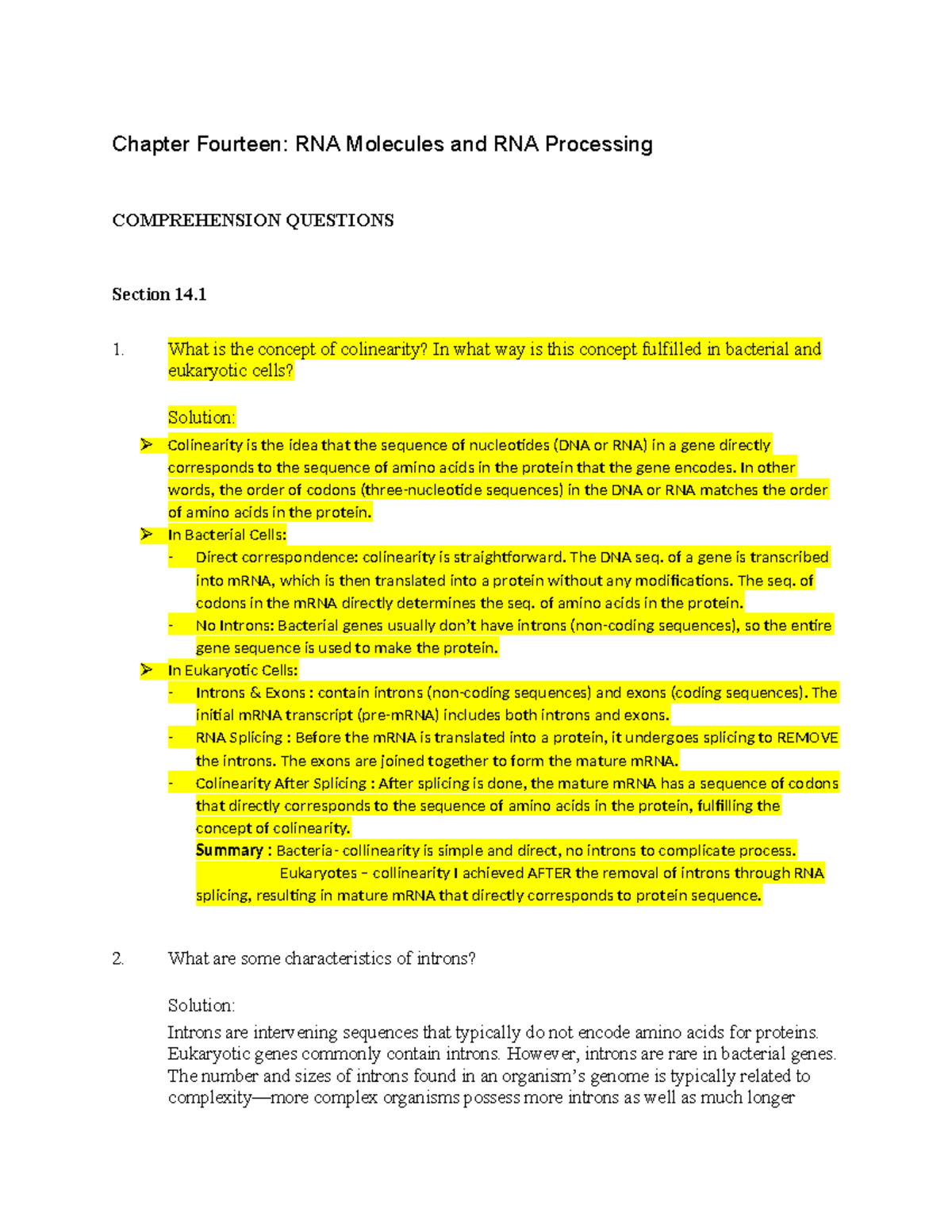 RNA Molecules and Processing: BIO101 Chapter 14 Study Notes - Studocu